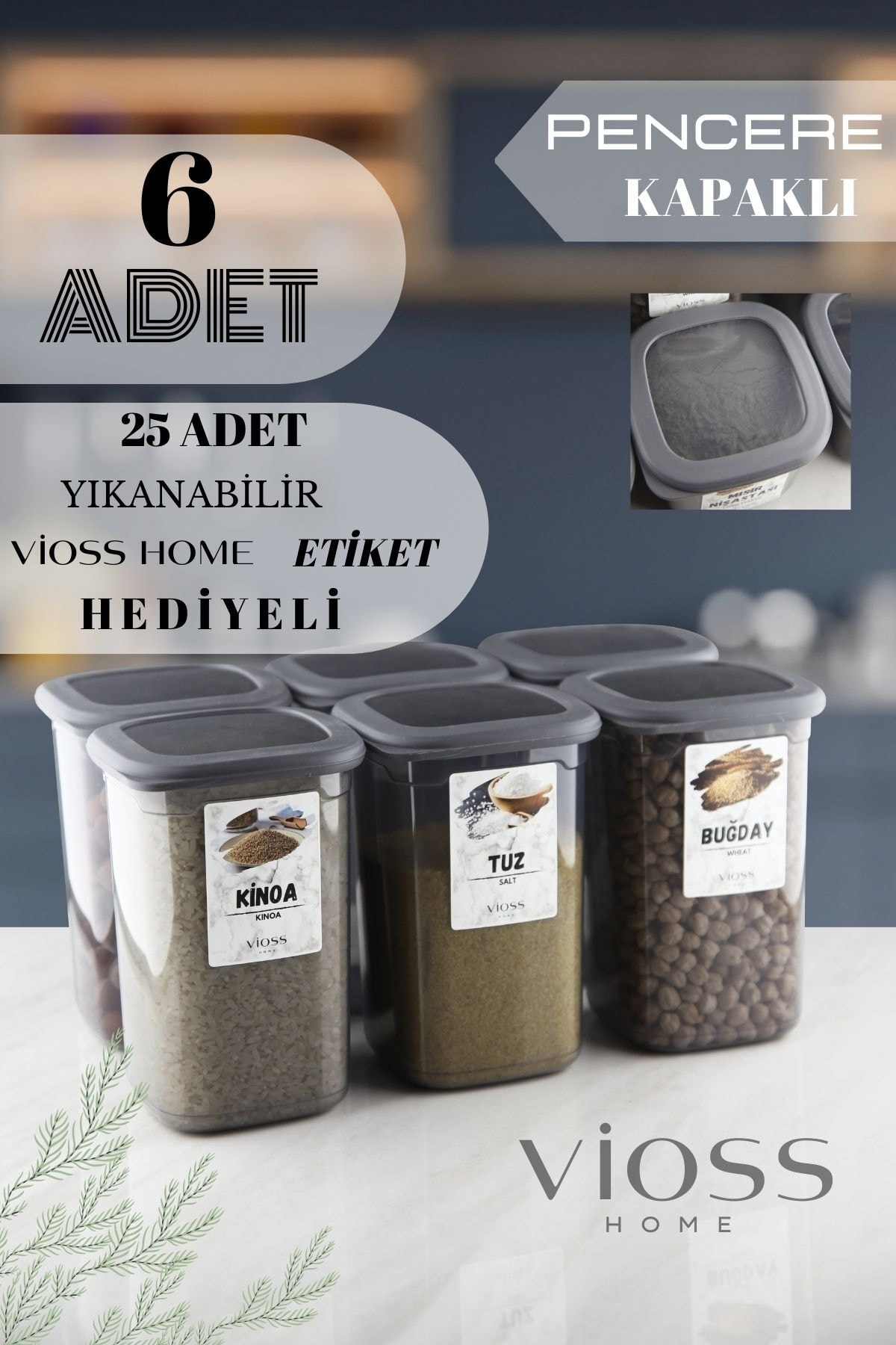 VİOSS HOME 6 Adet Etiketli Antrasit Bella Büyük Boy Erzak Saklama Kabı ...