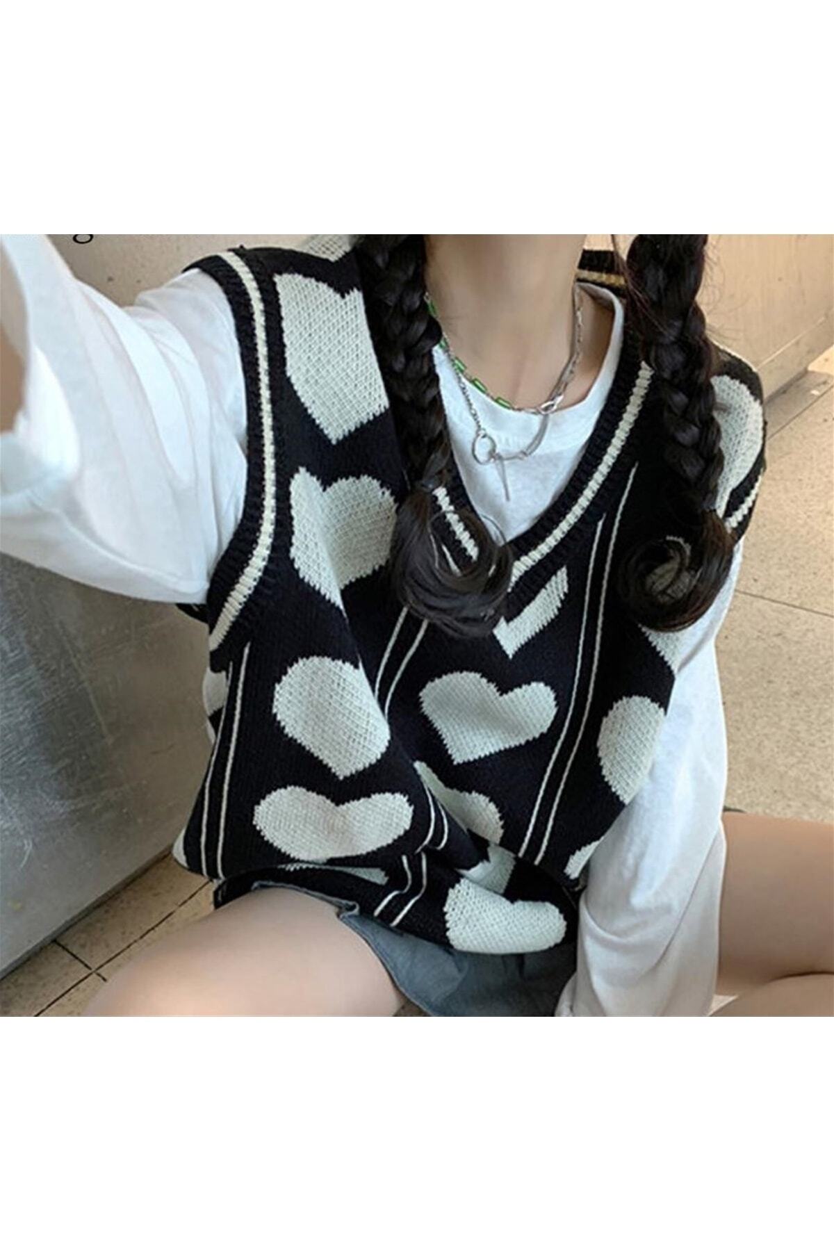 VOG PLUS My Vısıon Kawaii Harajuku Kalp Desenli V Yaka Oversize Süveter ...