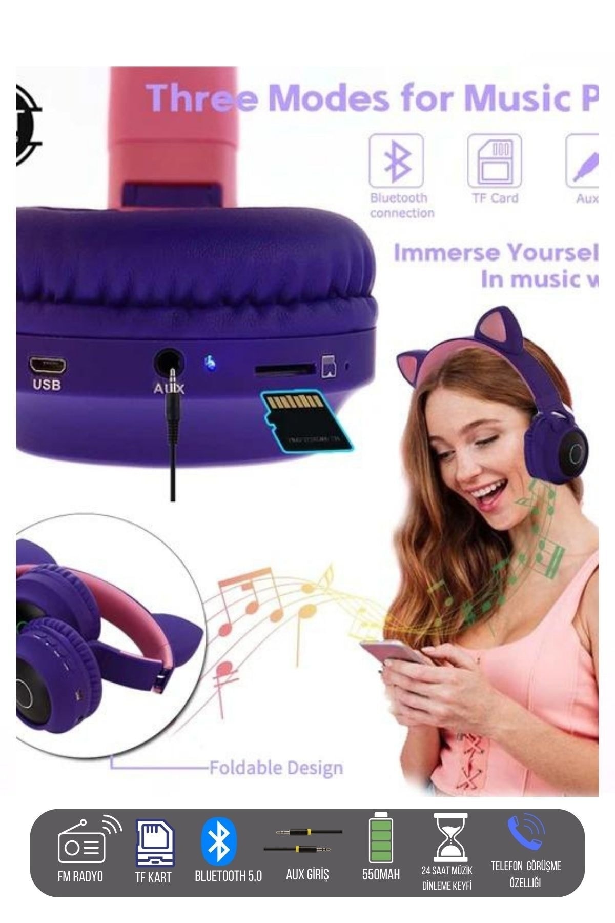 Butfulake Kablosuz Kedili Kulaklık Kedi Kulaklık Şık Kulaklık ...