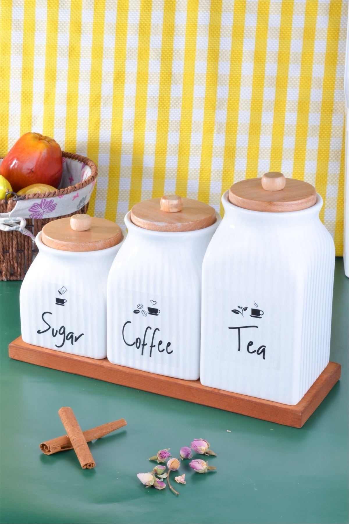 Sezka Life 3 Boy Porselen Ahşap Standlı Bambu Kapaklı Çay Kahve Şeker ...