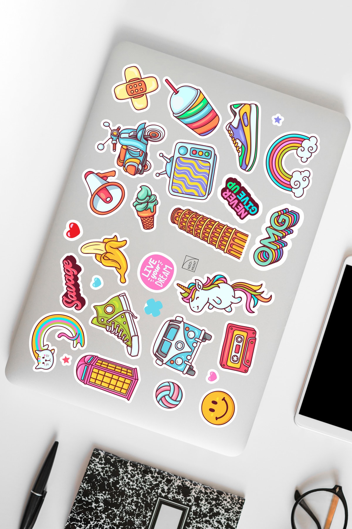 NeoPrint Şirin Nostaljik Renkli Retro Temalı Laptop Telefon Tablet ...