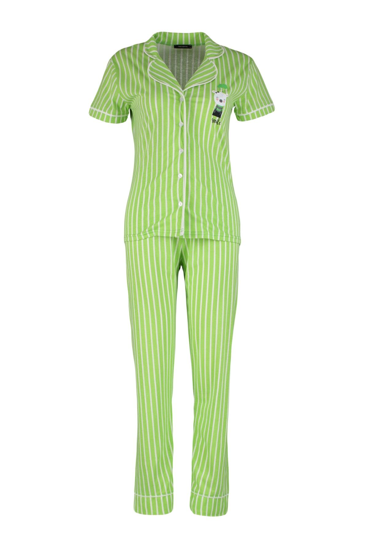 Trendyol Collection Animal Printed Green Striped Knitted Pajamas Set ...
