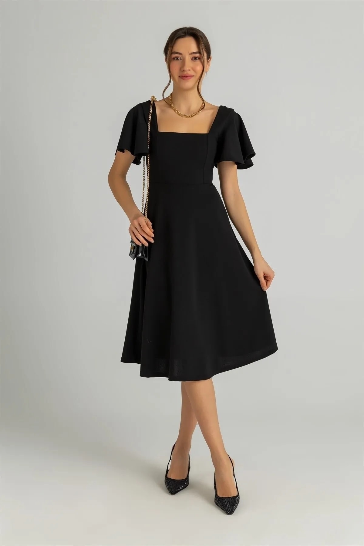 Secret Passion Lingerie Kadın Kolları Volanlı Siyah Esnek Scuba Krep Kumaş Kare Yaka Midi Boy ...