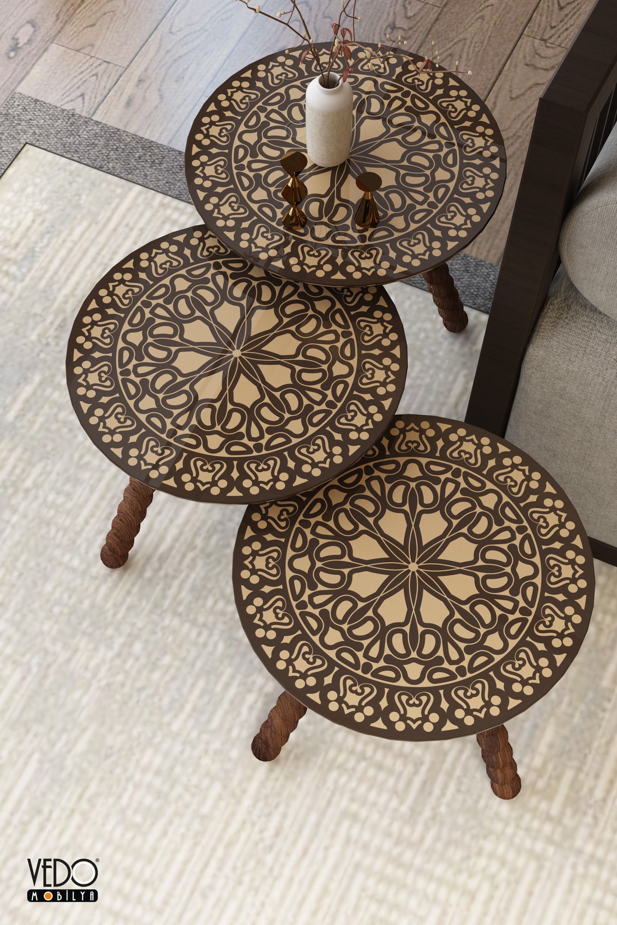 VEDO Zigon Sehpa 3'lü – Kahve - Ahşap Ayaklı – Yuvarlak – Cam - Zigon ...