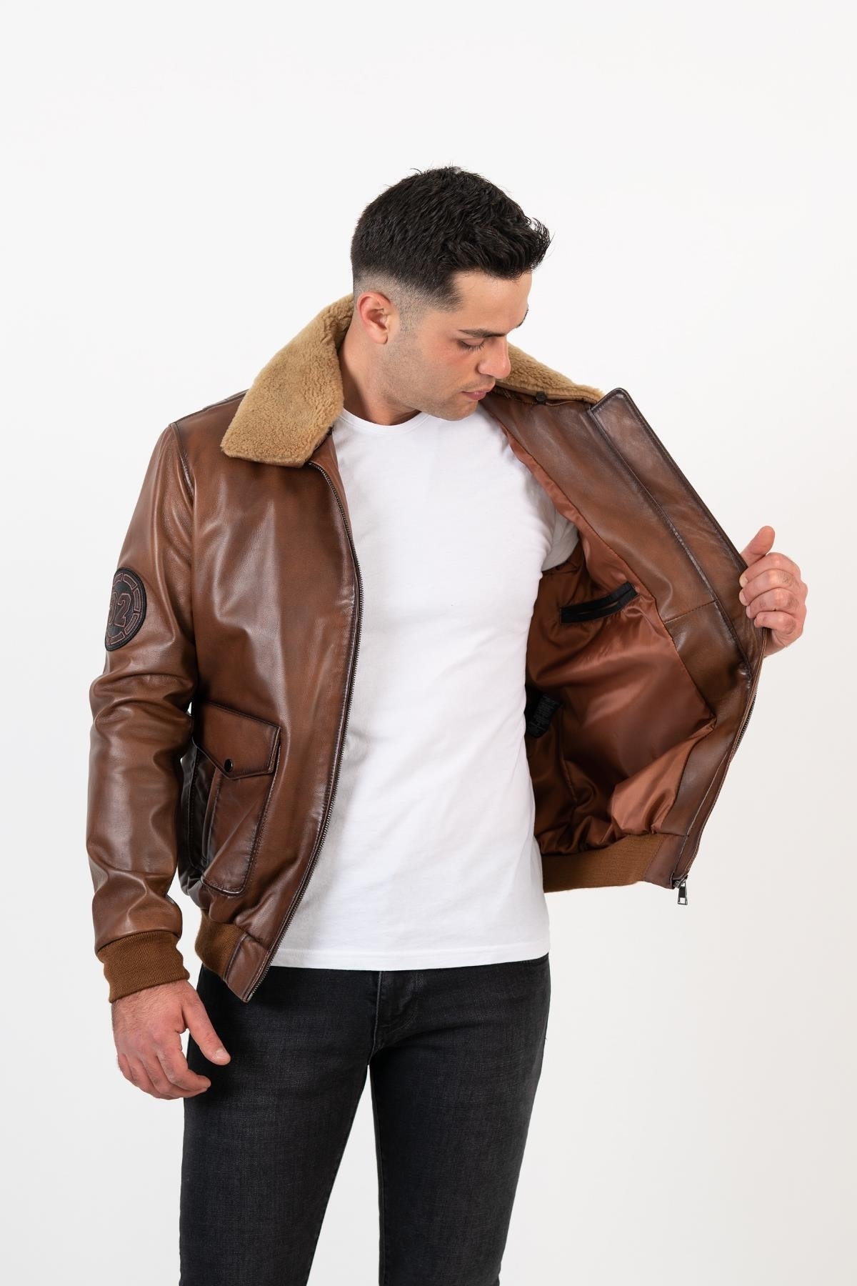 Deri Effect Erkek Kahverengi Pilot Yaka Kürklü Hakiki Deri Ceket ...