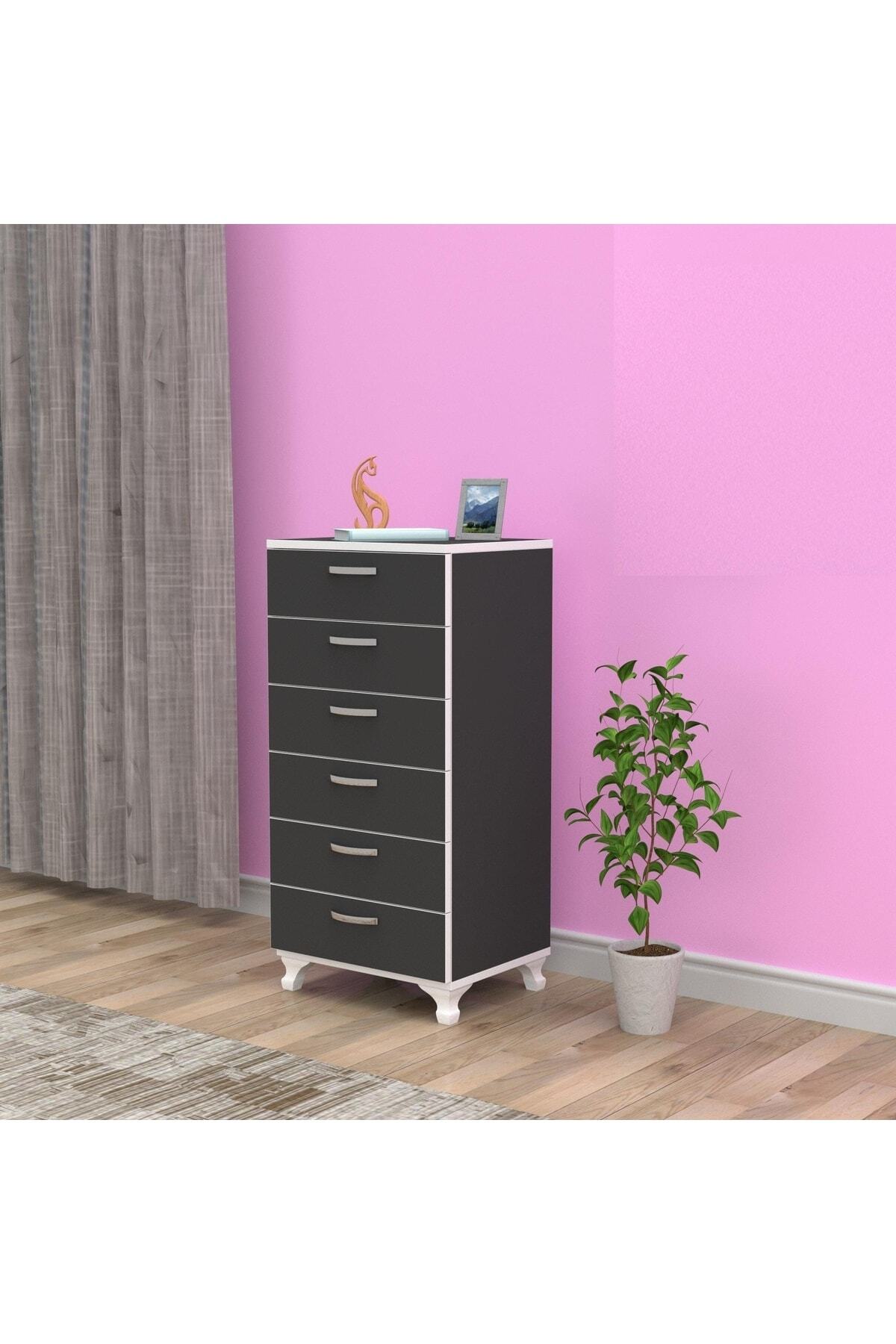 Kenzlife Şifonyer Komodin Atikus Finç Gri 128*50*37 6 Katlı 20 Cm ...