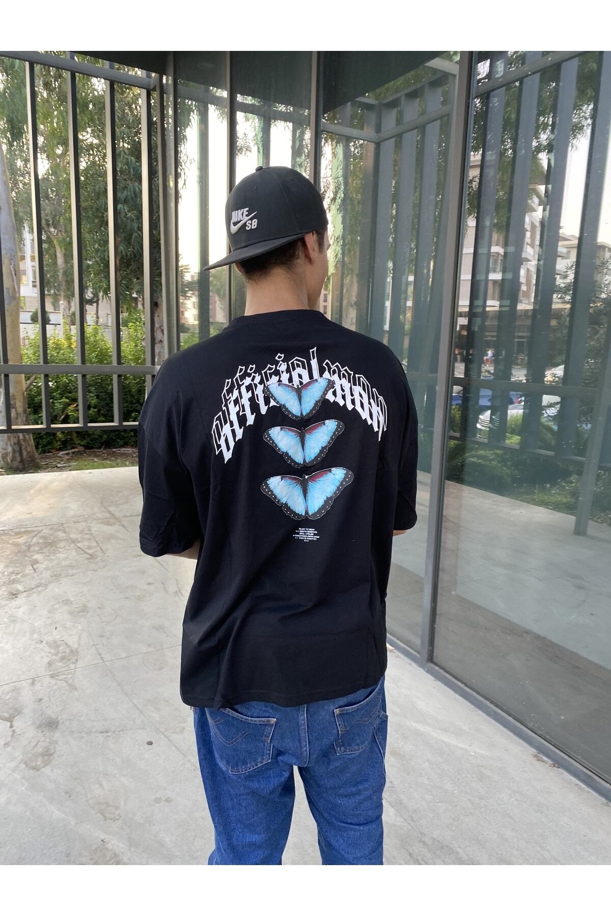 Boohooman Siyah Boohoman Official Man Blue Butterflies Oversize Erkek ...