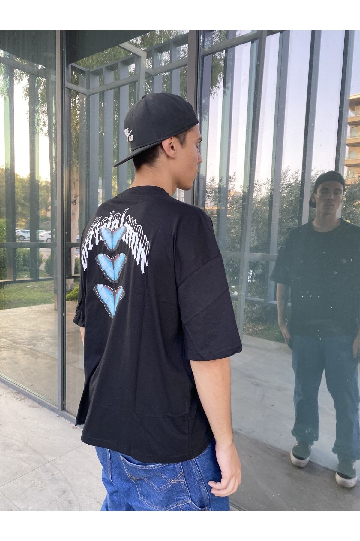 Boohooman Siyah Boohoman Official Man Blue Butterflies Oversize Erkek ...