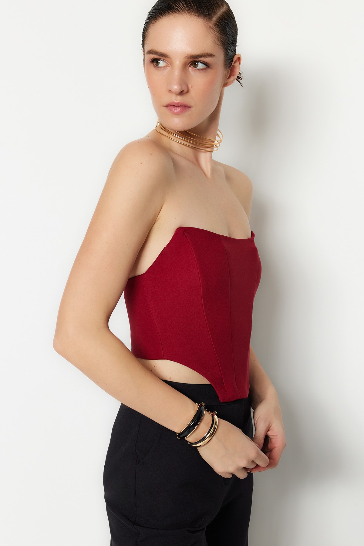 Trendyol Collection Claret Red Crop Lined Woven Corset Detailed Bustier ...