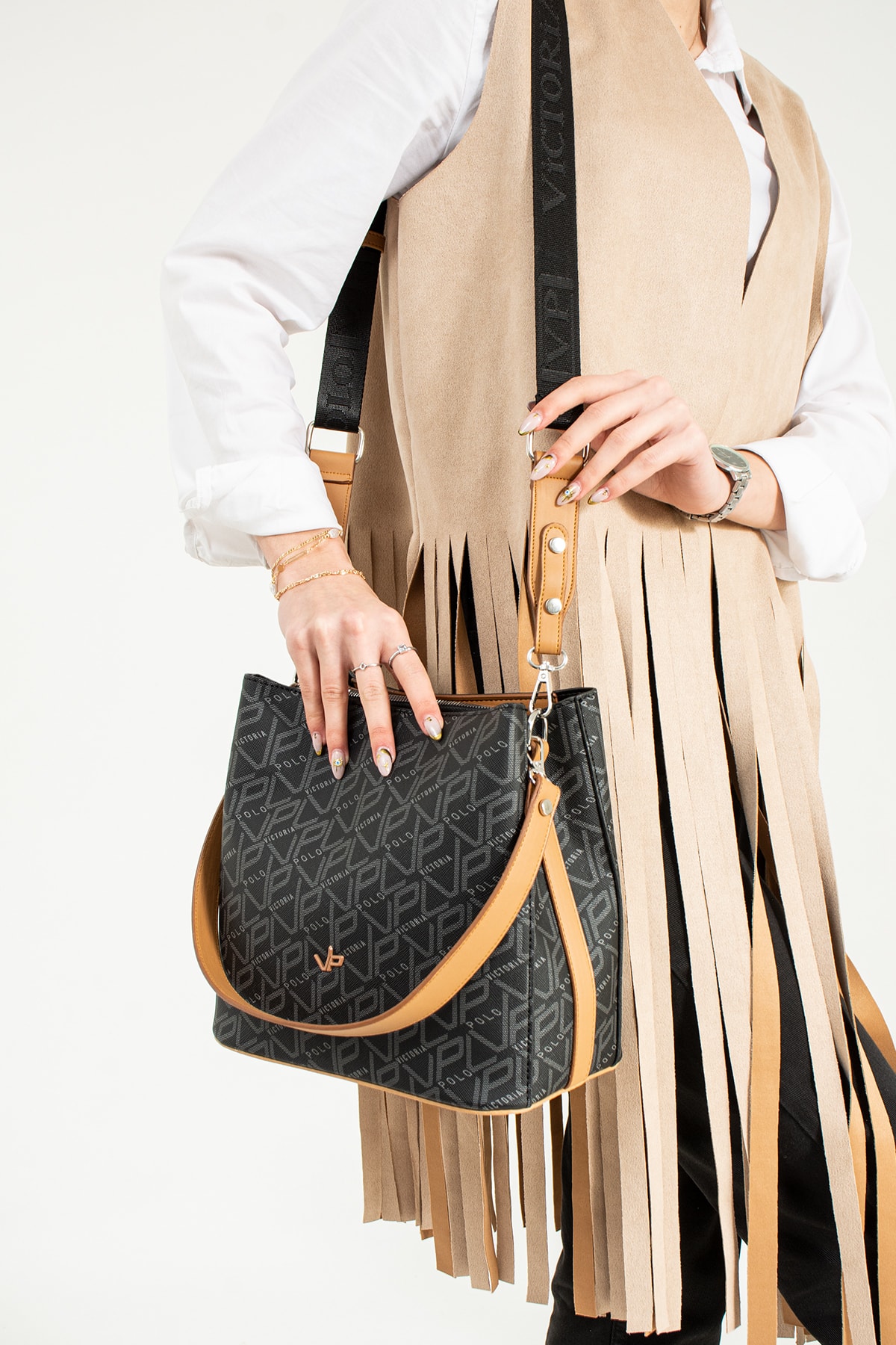 VİCTORİA POLO Kadın Siyah Taba Iki Askılı 5 Bölmeli Omuz Çantası ...