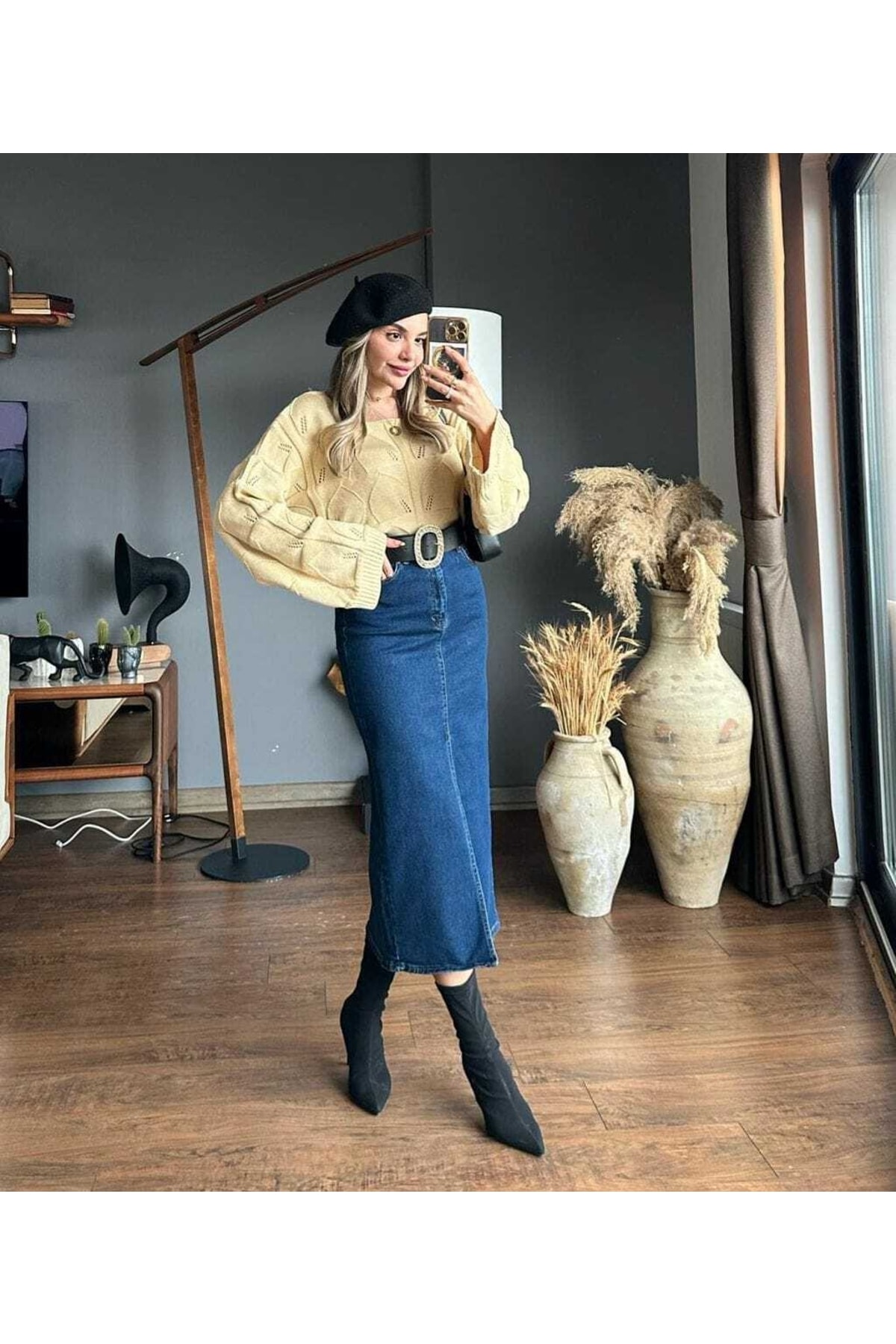 MADAME MELEK Zr Model Yırtmaç Detaylı Düğmeli Kot Etek Koyu Mavi Midi ...