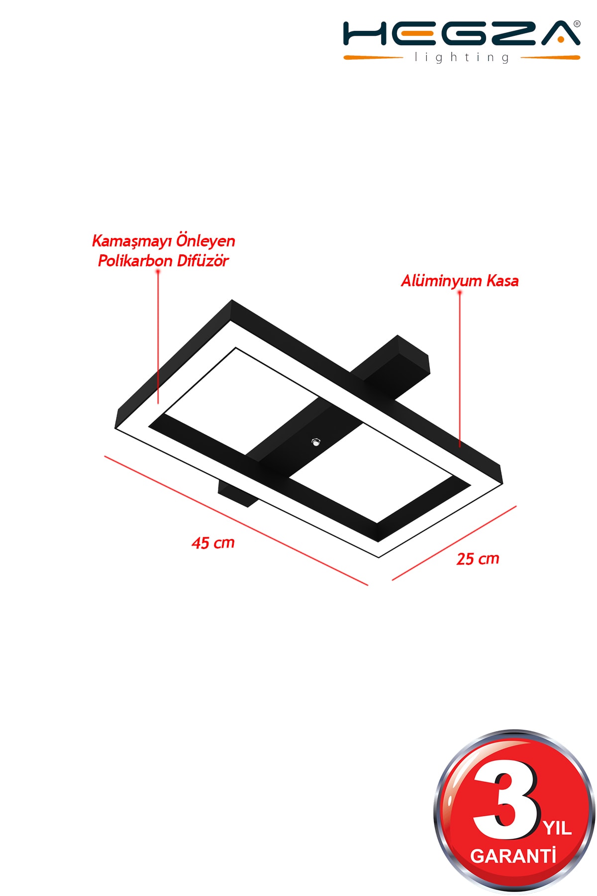 Hegza Lighting Piazza ( Siyah Kasa, Beyaz Işık ) Ledli Modern Plafonyer Led Avize, Salon, Mutfak ...