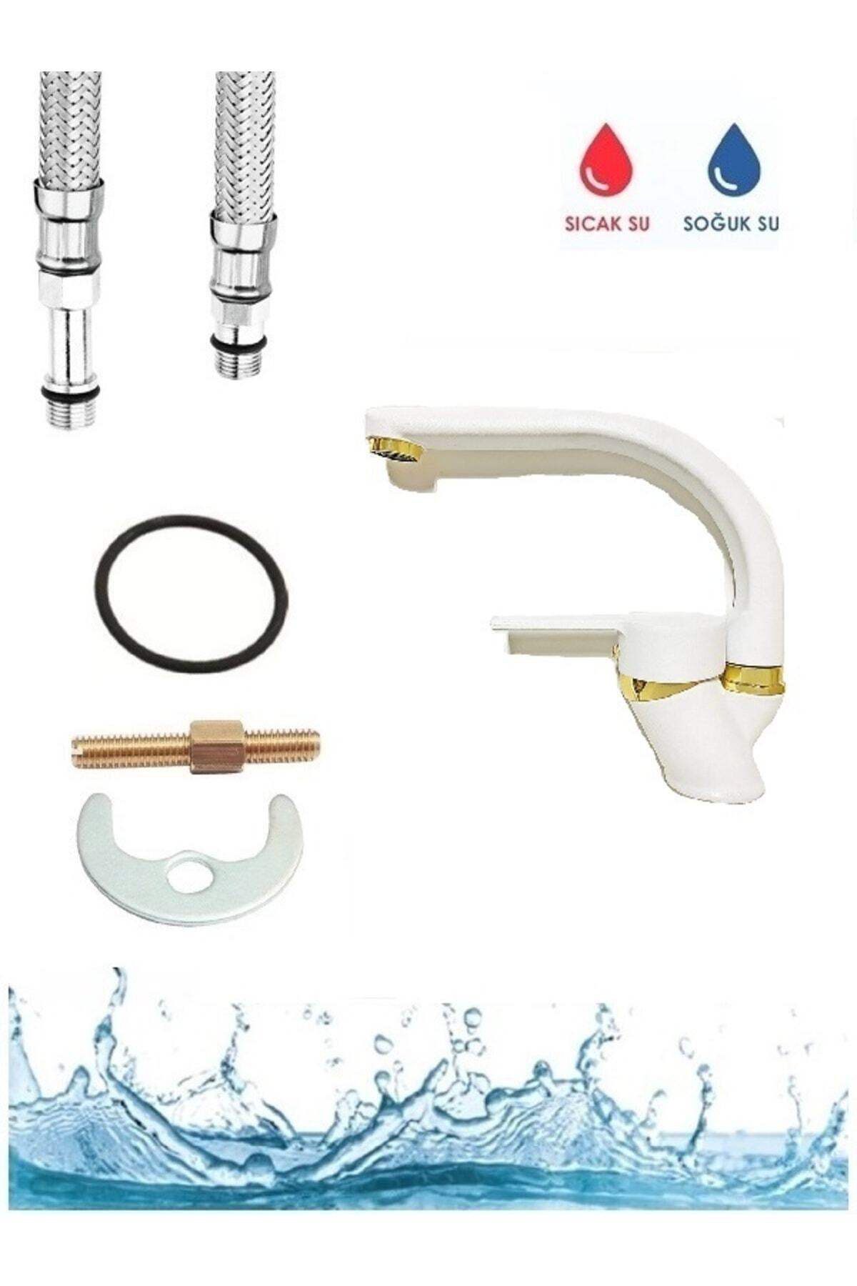 Alecra Lüks Banyo Musluk Beyaz Kaplamalı Gold Detaylı Balık Sırtı ...