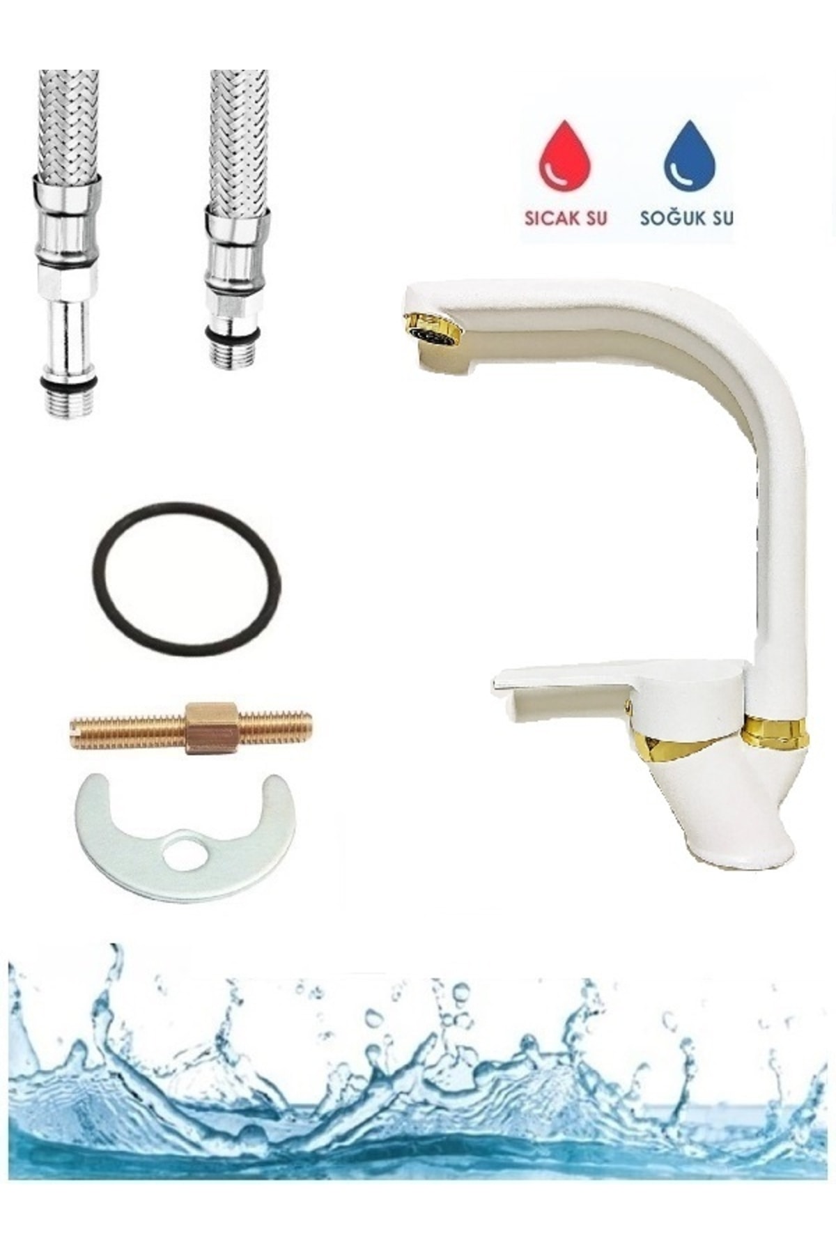 Alecra Lüks Mutfak Musluk Beyaz Kaplamalı Gold Detaylı Balık Sırtı ...