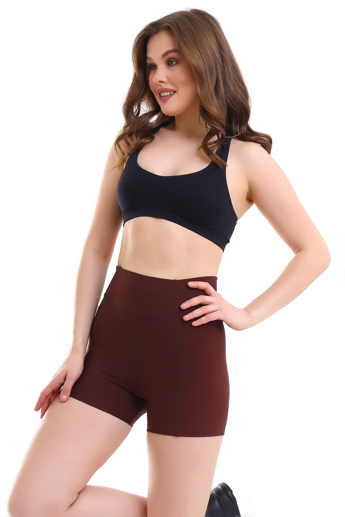 winmoda Kadın Cepli Tayt Şort Kahve Rengi Korse Kumaş Sıkılaştırıcı Şort Tayt /sports Tıghts ...