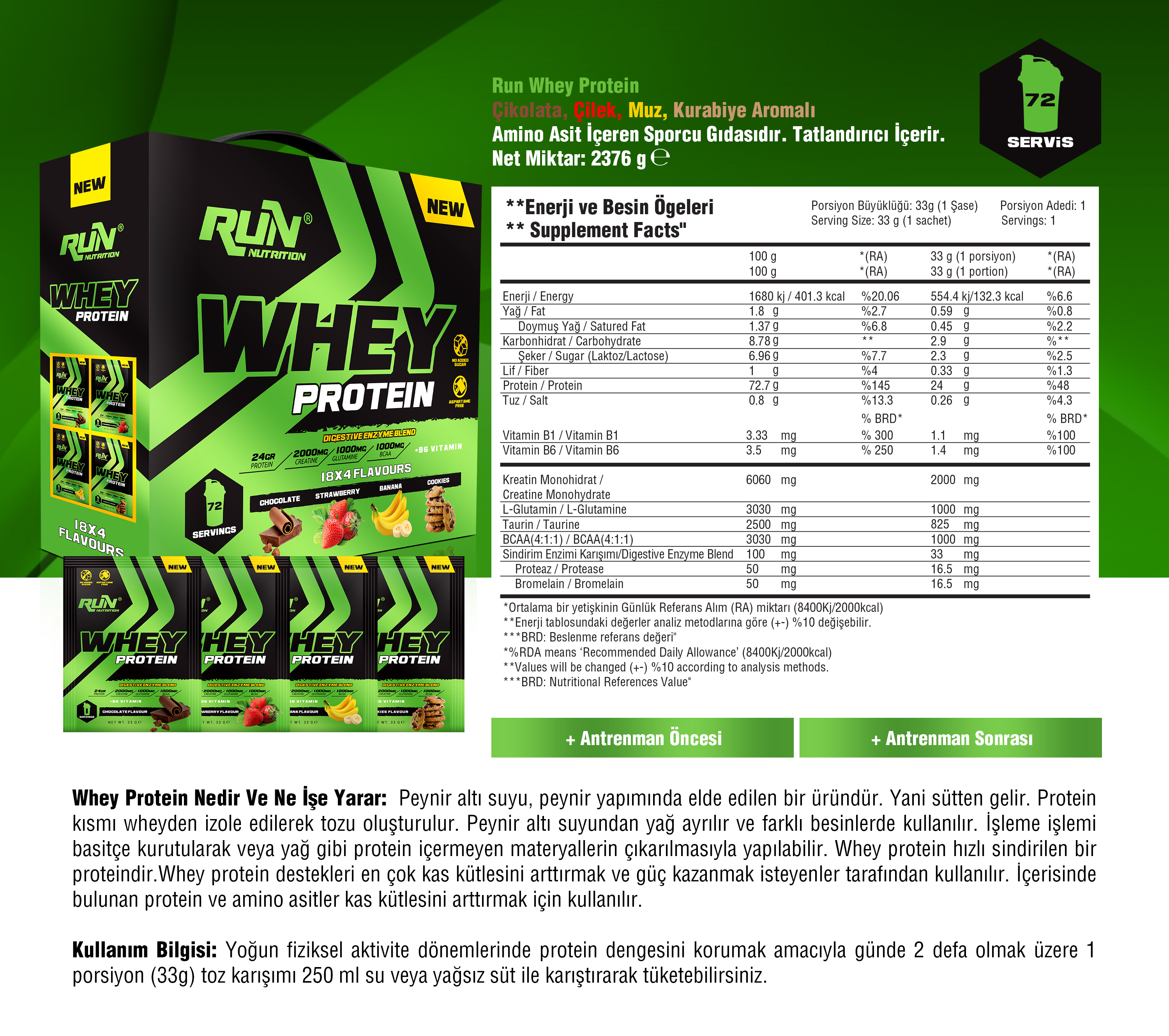 Run Nutrition Whey Protein - 20 Adet - 4 Aromalı Saşe - 660g - Hediyeli ...