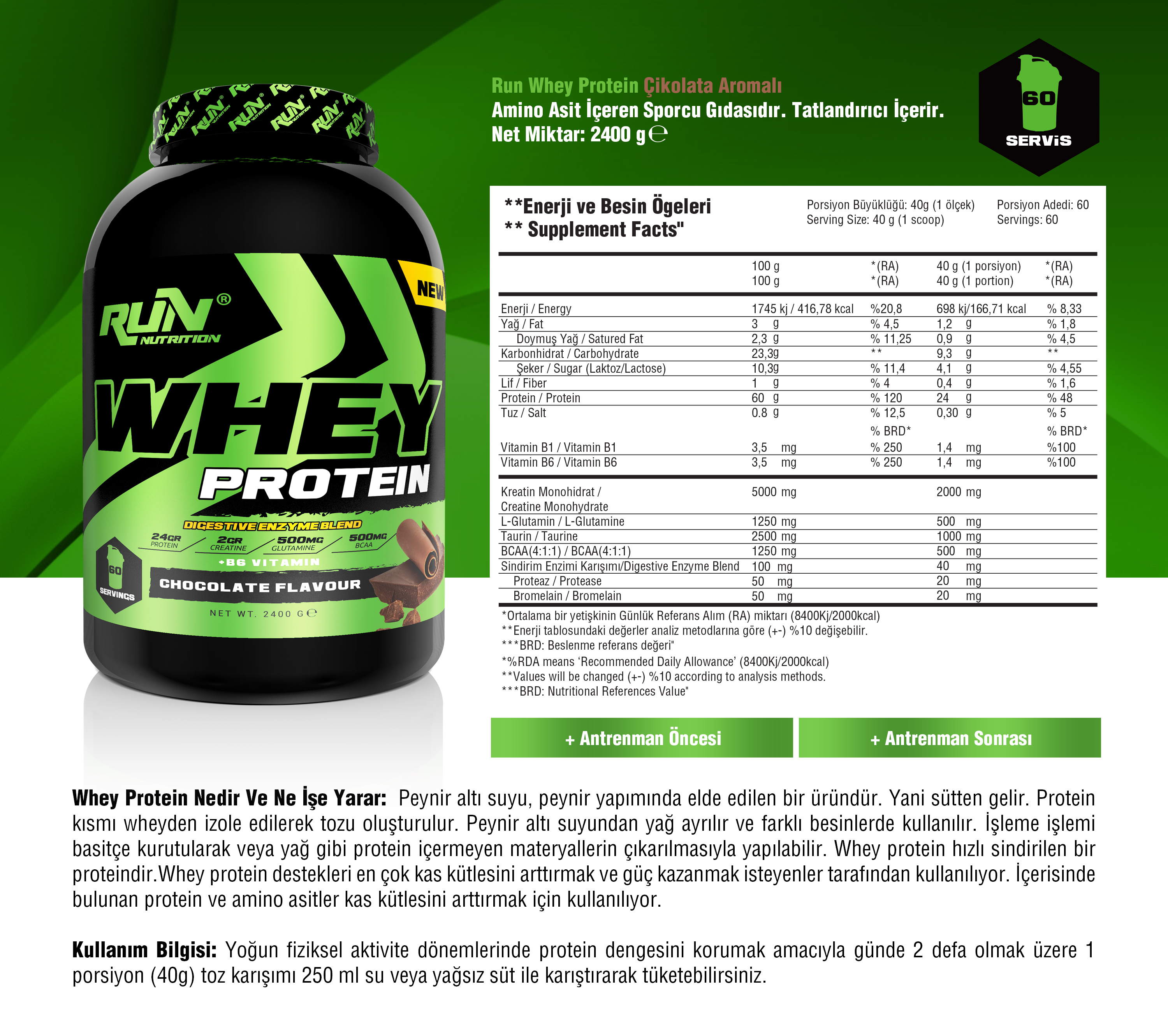 Run Nutrition Whey Protein - 2.4 Kg - Çikolata Aromalı - 60 Servis ...
