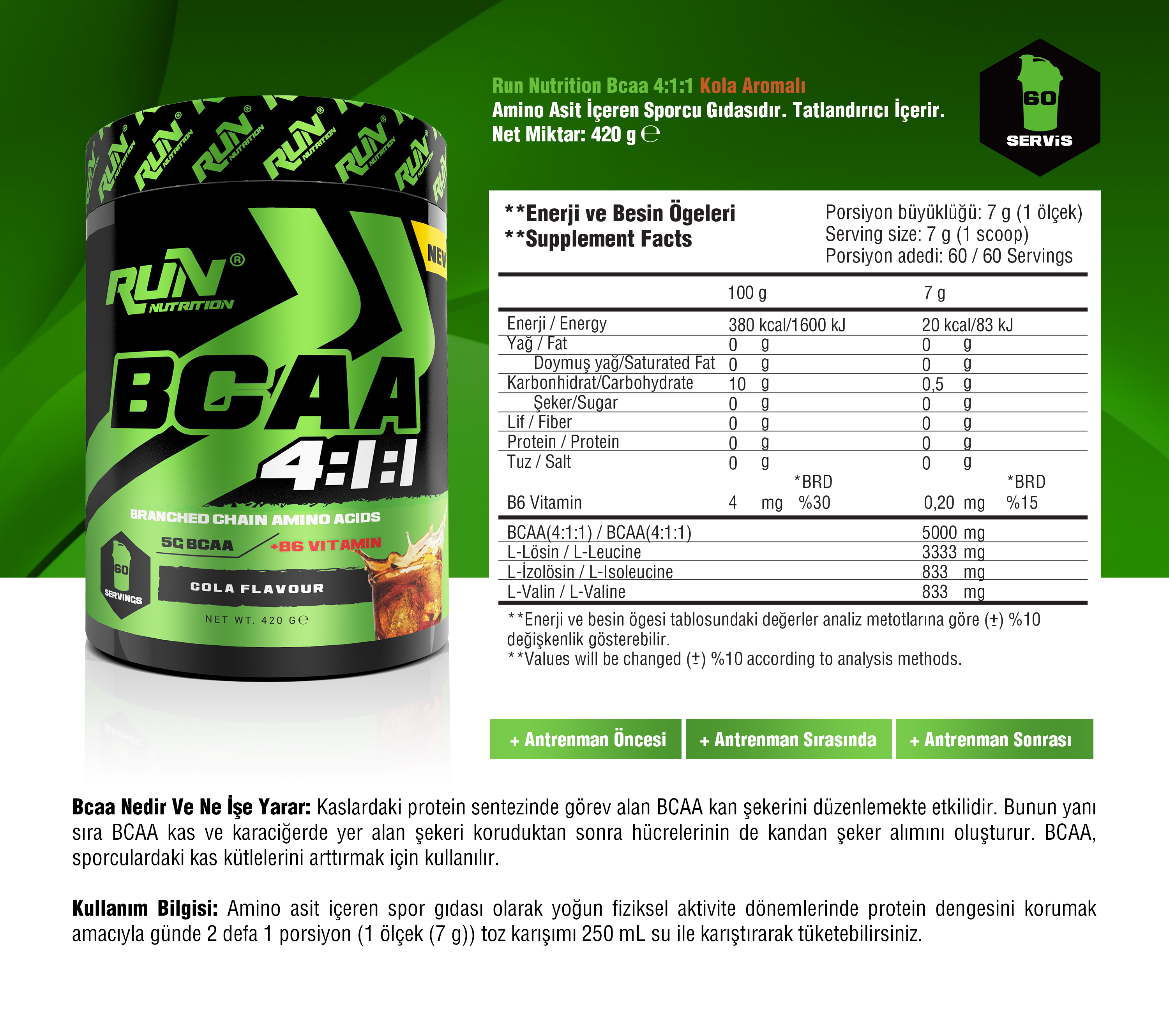 Run Nutrition Bcaa 4.1.1 - Kola Aromalı - 420 gr - 60 Servis - Hediyeli ...