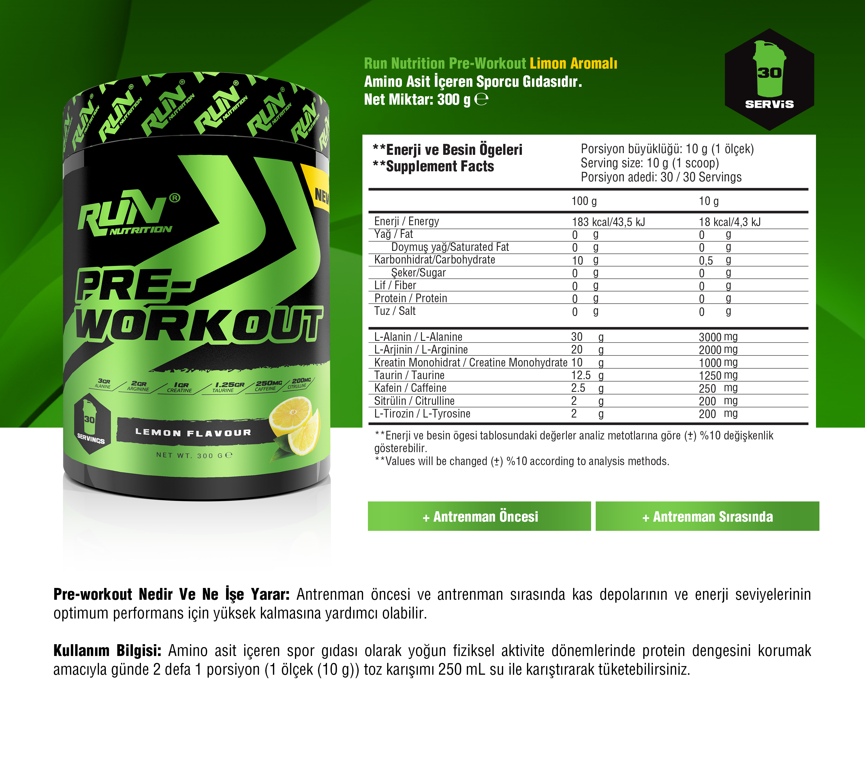 Run Nutrition Pre-workout Limon Aromalı - 300g - 30 Servis - Hediyeli ...