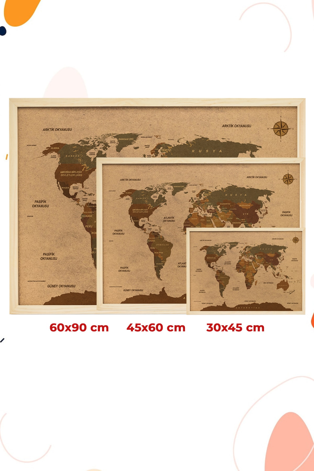 AND Mantar Pano Türkçe Vintage Dünya Haritası Baskılı Ahşap Çerçeveli ...