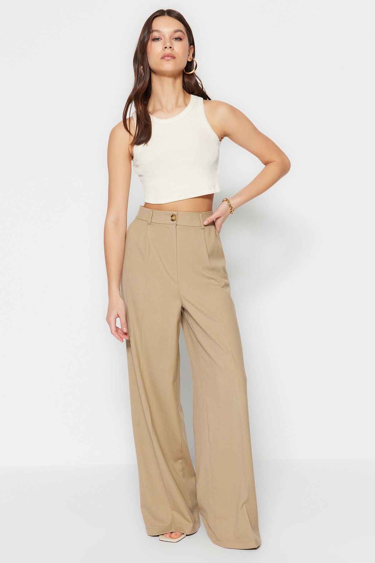 Trendyol Collection Khaki Color Wide-Leg Woven Trousers - Iron-On Trace ...