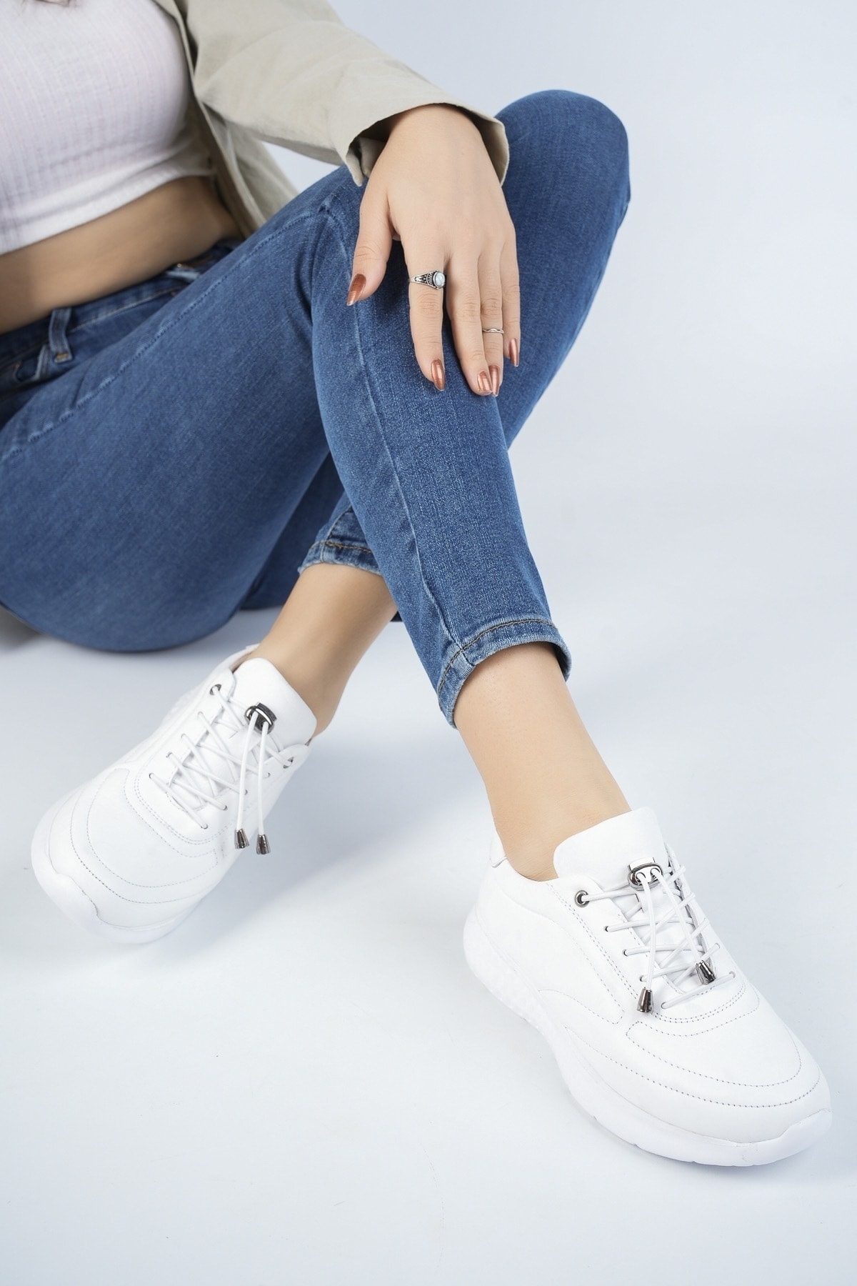 Deripabuc Hakiki Deri Beyaz Kadın Deri Sneaker Spor Ayakkabı Dp71-0110 ...