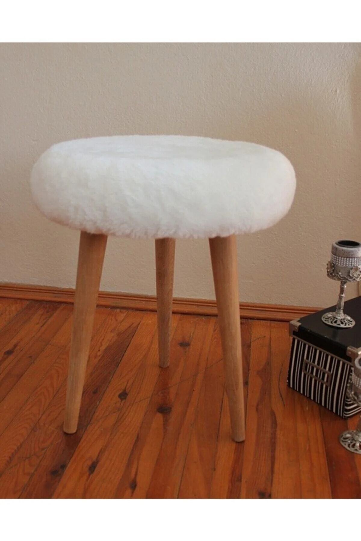 Miracix Gürgen Ahşap Retro Ayak Dekoratif Beyaz Pelüş Puf Tabure Bench ...