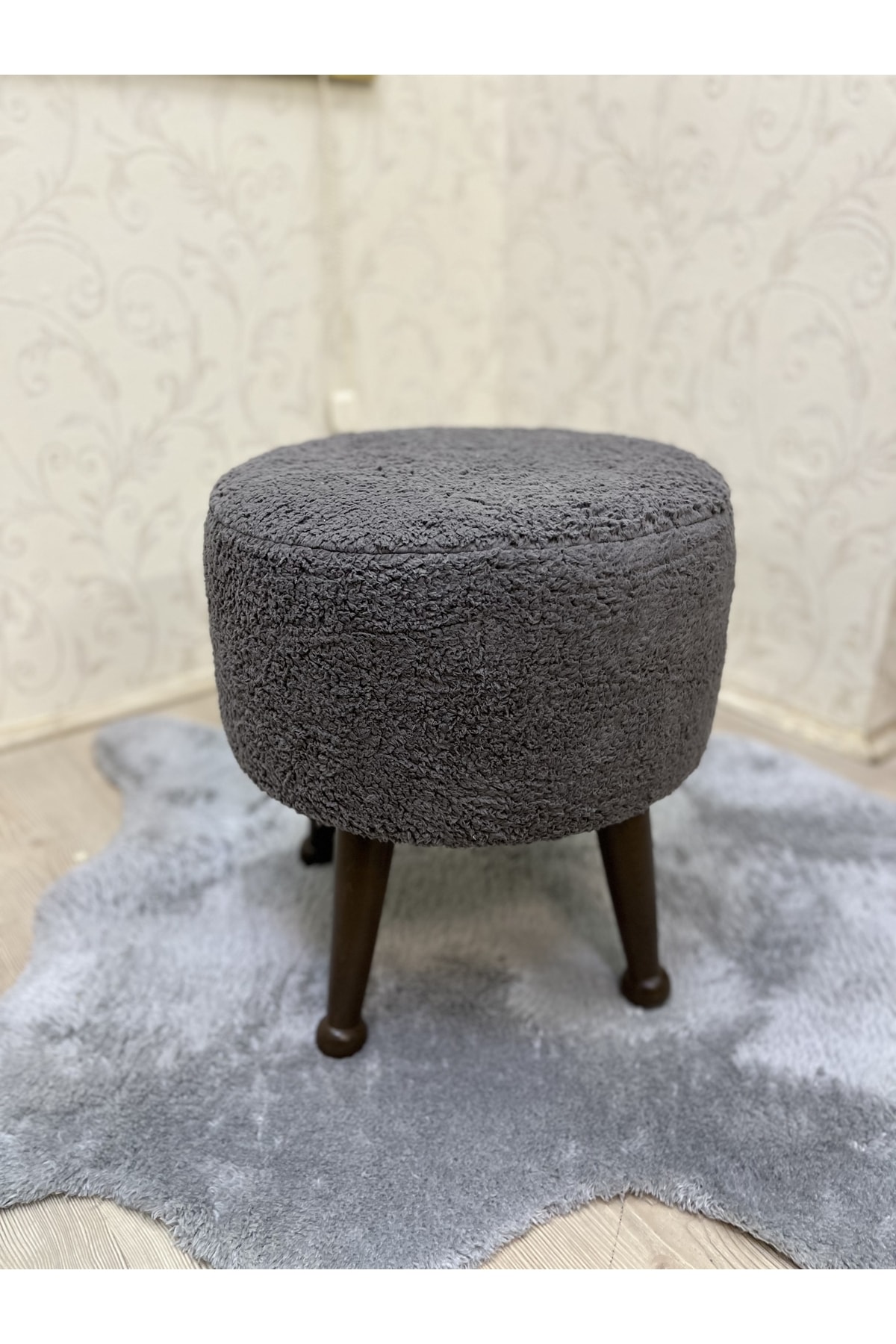 Asedia Miskin Ceviz Teddy Antrasit Ahşap Ayaklı Peluş Puf Makyaj ...