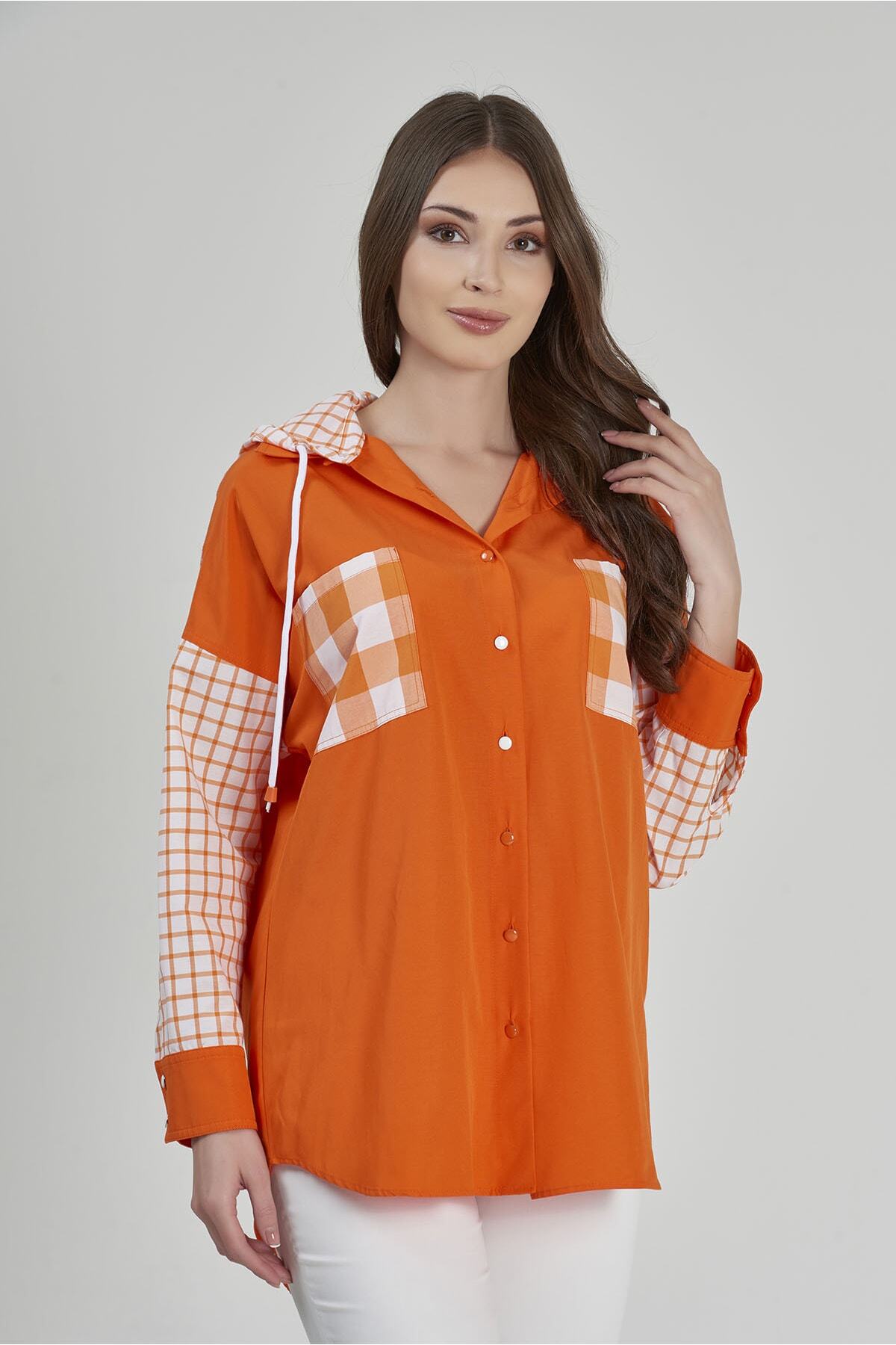 TOLGA SARAÇOĞLU 50126 Turuncu Ekose Kumaş Kombinli Gömlek Ceket ...