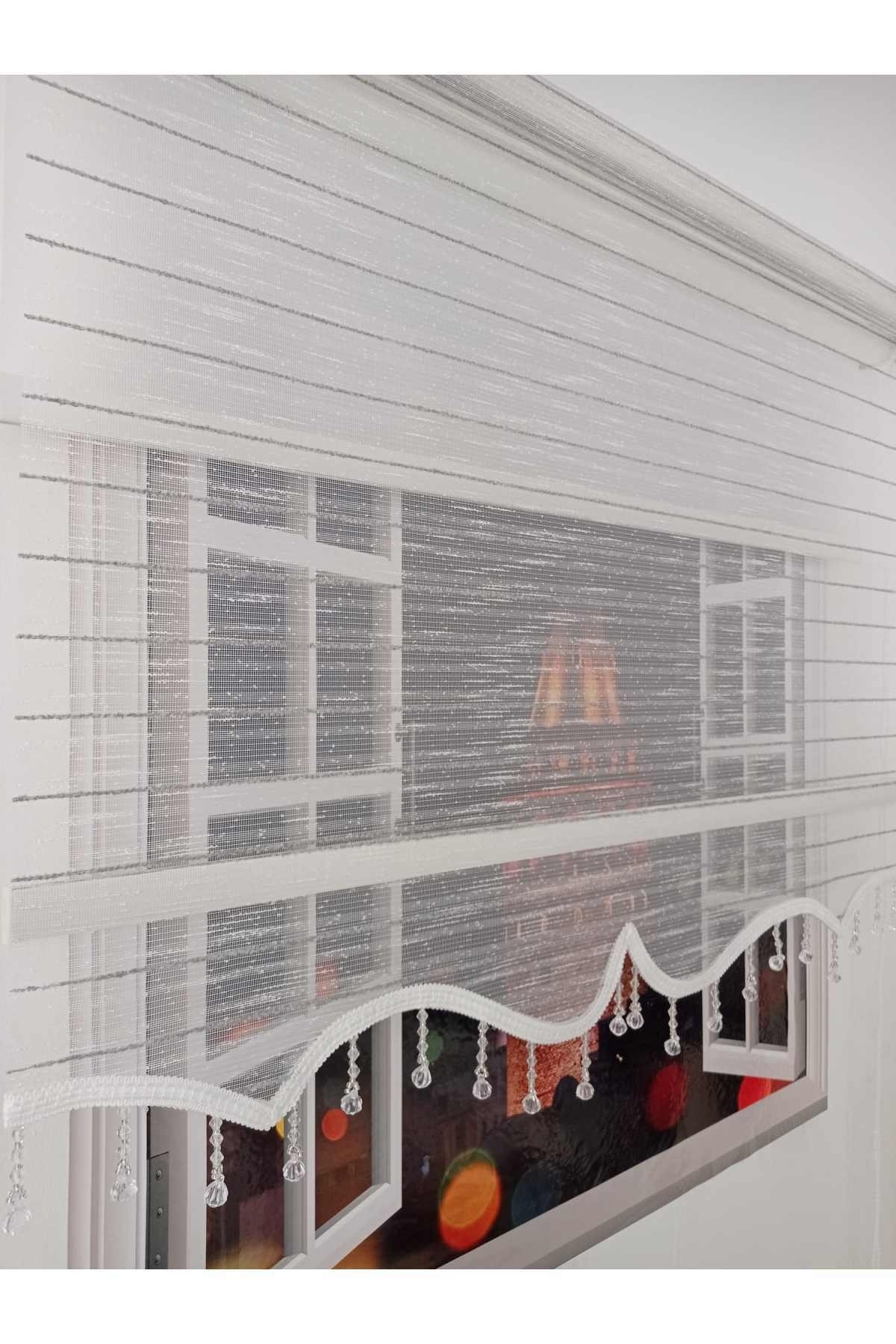 BUUT Çift Mekanizmalı Boncuklu Gri Serit Desenli Tül, Beyaz Poyester ...