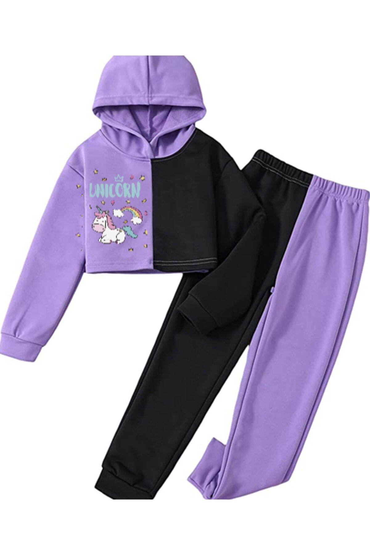 Tisho Feel The Unicorn Lila-siyah Çift Renkli Kız Çocuğu Crop Hoodie Ve ...