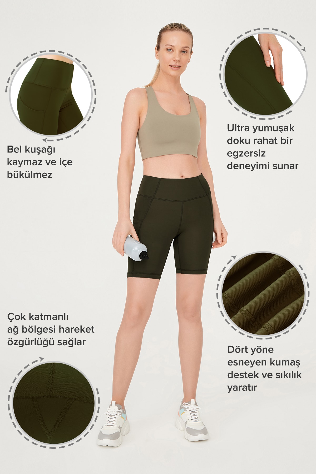 LOS OJOS Kadın Koyu Haki Yüksek Bel Toparlayıcı Çift Cepli Biker Şort ...