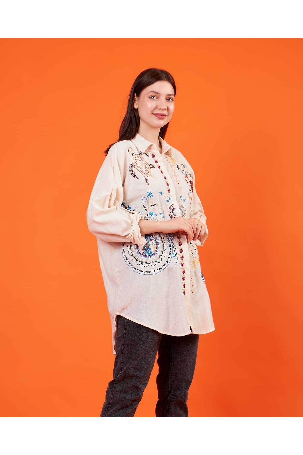 EZFER Nakışlı Uzun Kollu Oversize Gömlek Fiyatı, Yorumları - Trendyol