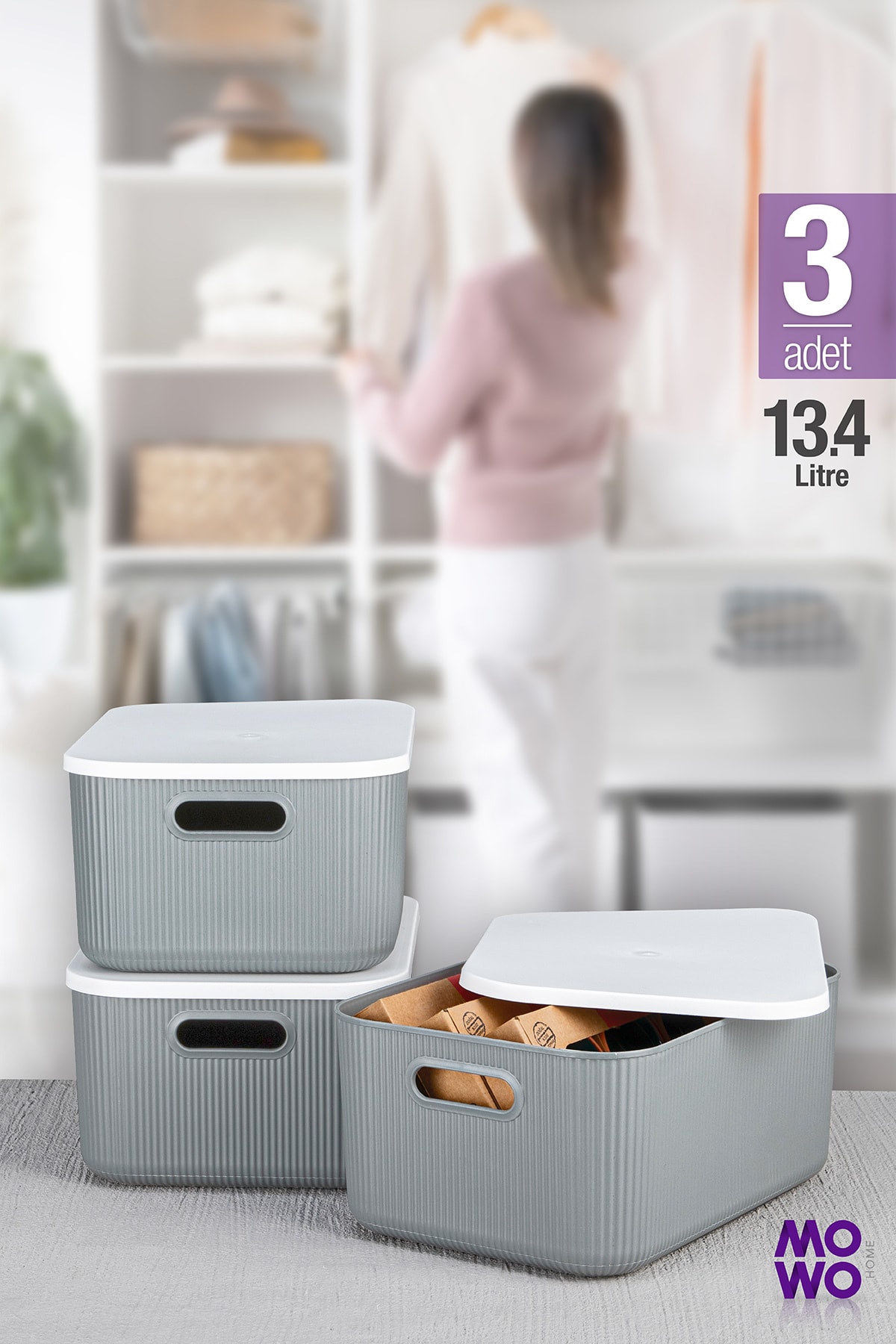 Mowo Home Trove 3 Adet 13,4 Lt (gri) Düzenleyici Kapaklı Kutu ...