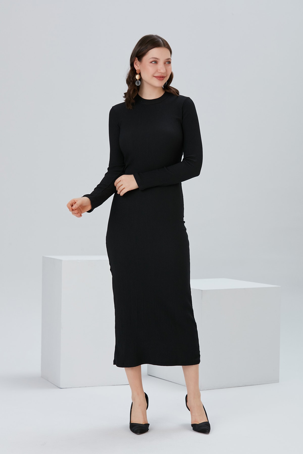 brako tekstil Kadın Siyah Bisiklet Yaka Düz Dar Uzun Elbise - Fiyatı, Yorumları