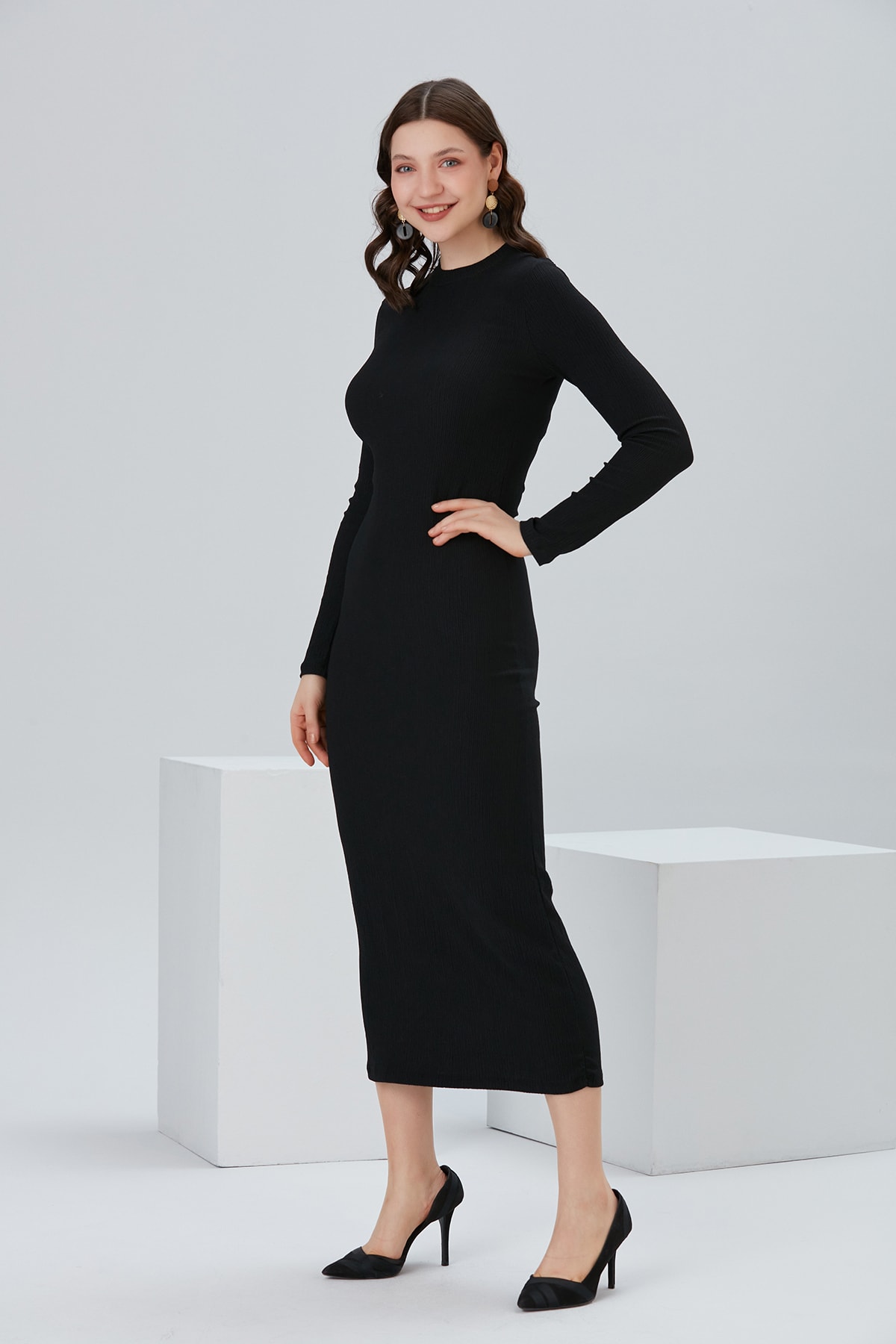 brako tekstil Kadın Siyah Bisiklet Yaka Düz Dar Uzun Elbise - Fiyatı, Yorumları