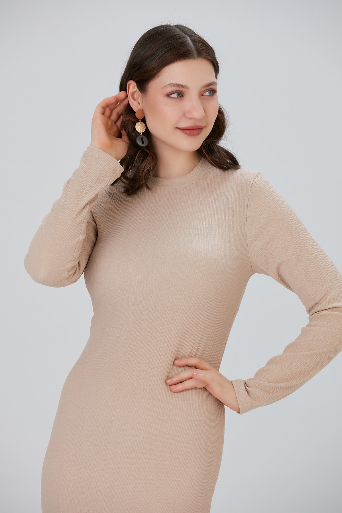 brako tekstil Kadın Bej Bisiklet Yaka Düz Dar Uzun Elbise - Fiyatı, Yorumları