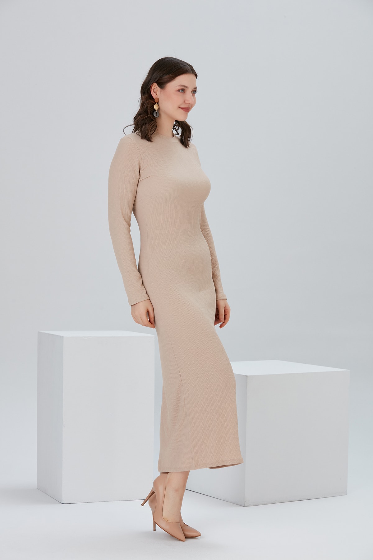 brako tekstil Kadın Bej Bisiklet Yaka Düz Dar Uzun Elbise - Fiyatı, Yorumları