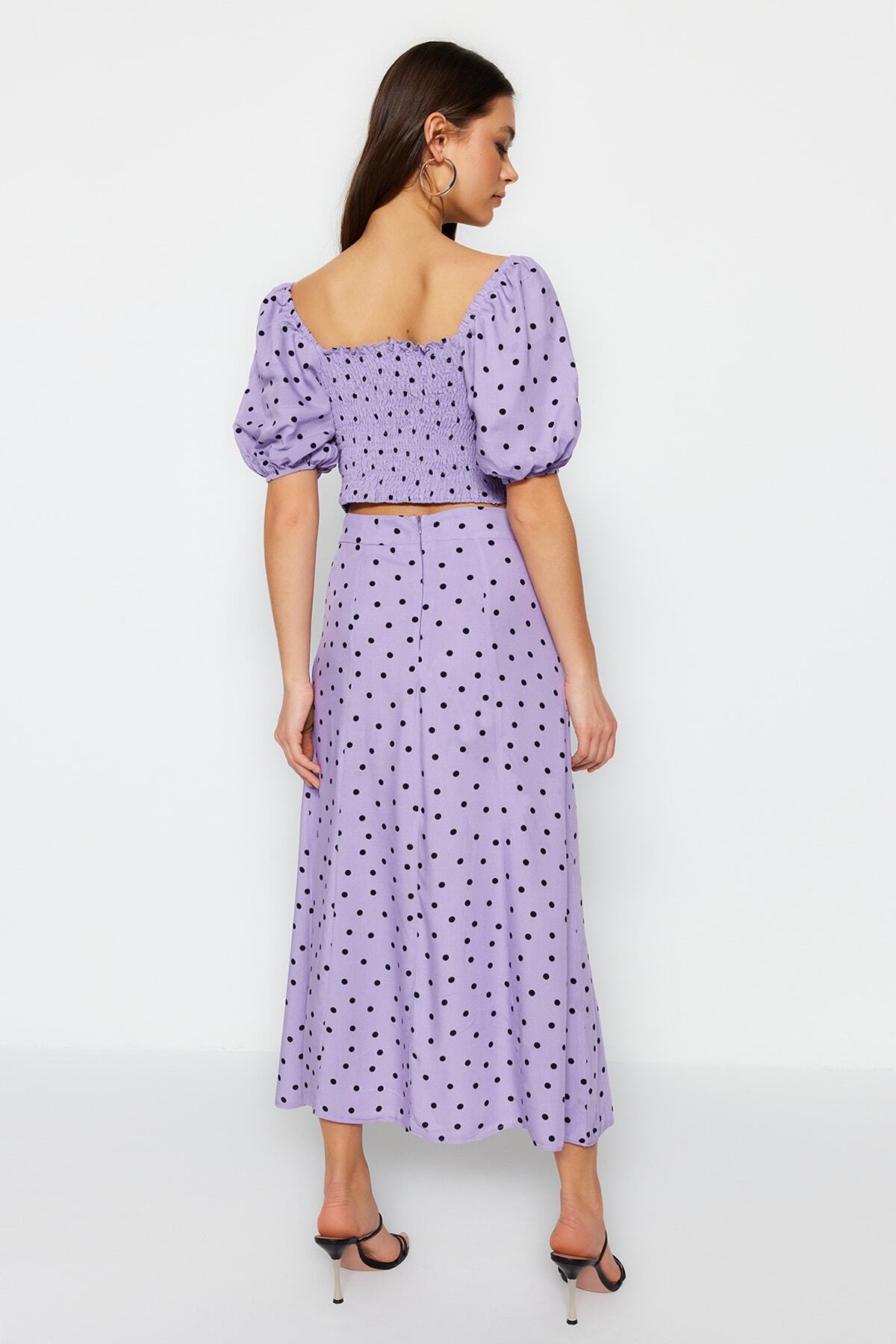 Trendyol Collection Lilac Midi Blouse and Skirt Set - Slit, Polka Dot ...