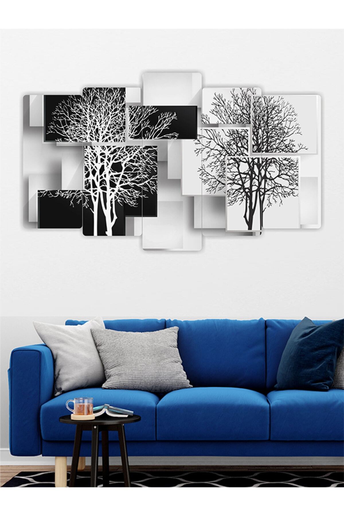 fabriflow exclusive Siyah Beyaz 3d Görünümlü Ahşap Duvar Tablo 5 Parça ...