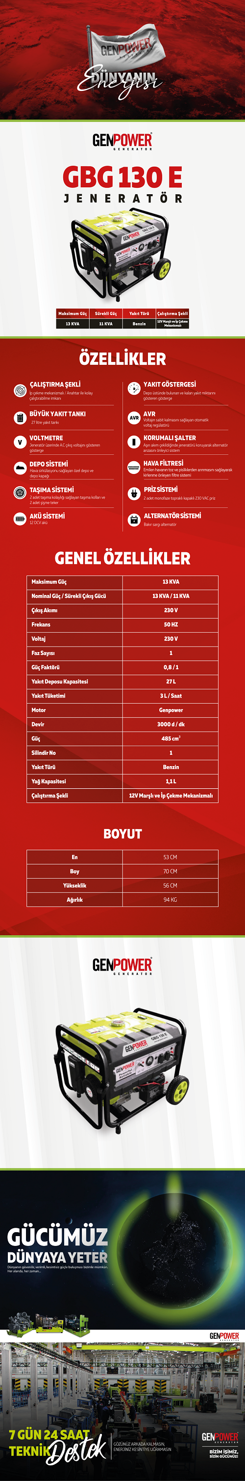 GenPower Gbg 130e 13 Kva Benzinli Marşlı/ Ipli,tekerlekli, Monofaze Jeneratör - Fiyatı, Yorumları