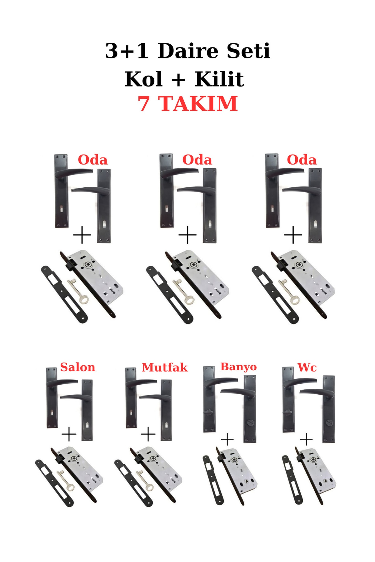 ARON ( 7 Takım ) Brawo Aynalı Mat Siyah Kapı Kolu + Kilit Sistemi (3+1 ...