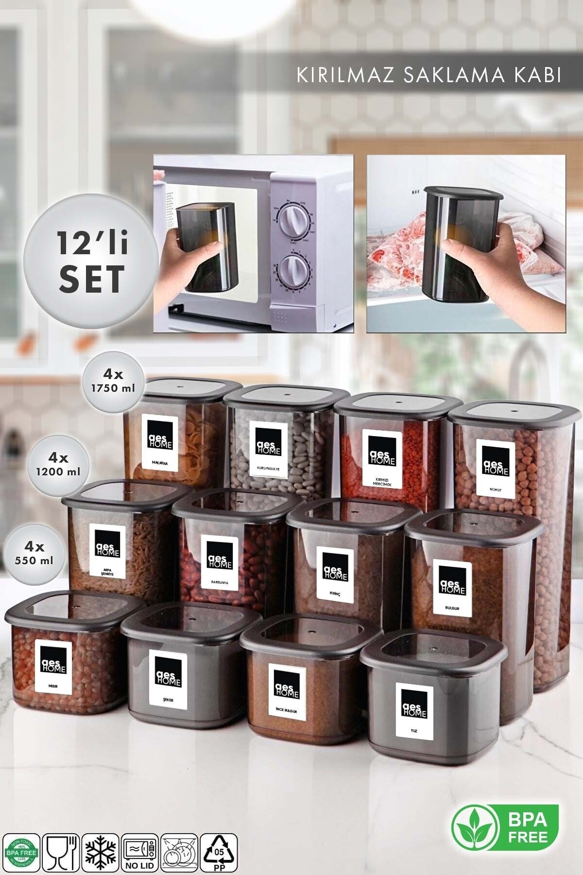AES HOME Etiketli 12'li Antrasit Ekonomik Kırılmaz Saklama Kabı Seti 1,75lt./1,2lt/5,5 Lt ...