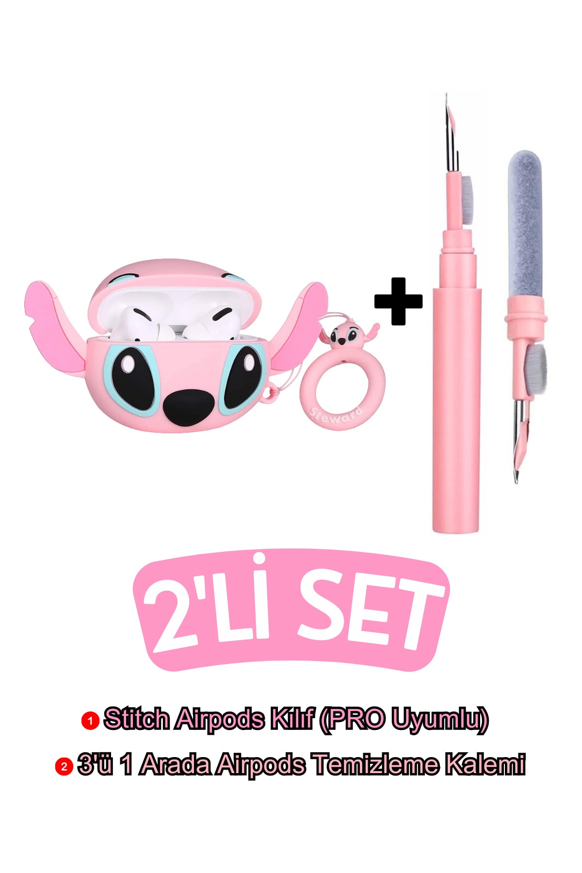 EWEC Pro Uyumlu Stitch Kılıf Ve Pembe 3'ü 1 Arada Bluetooth Kulaklık Temizleme Kalemi Seti ...