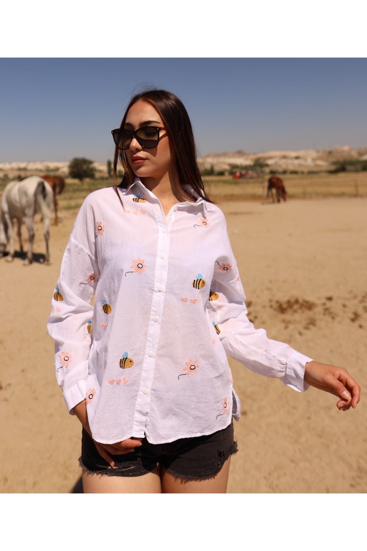 Ruya Kapadokya Arı Ve Çiçek Nakışlı Gömlek | %100 Pamuk Fiyatı ...