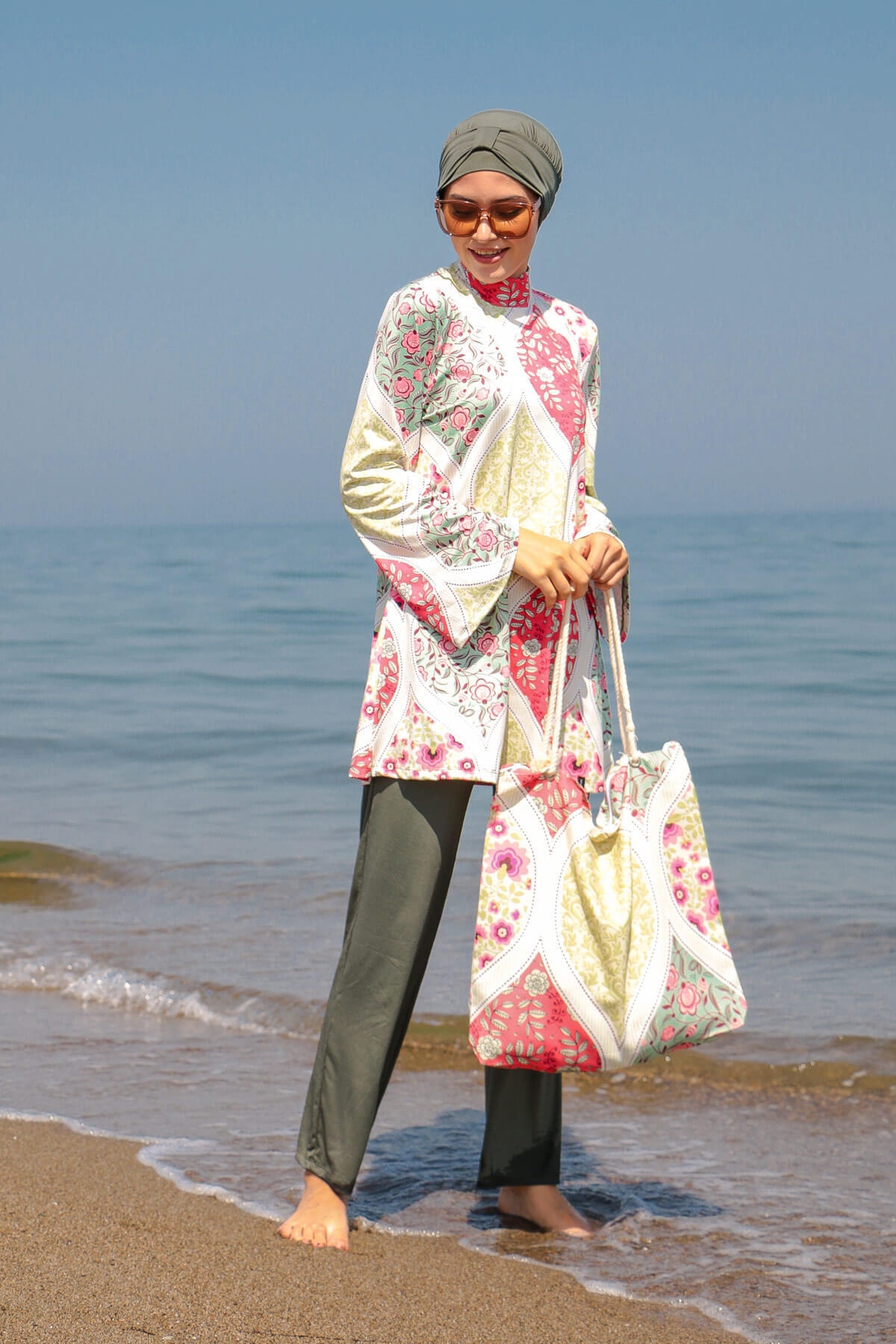 Marina Ip Bağlamalı 4’lü Haki Çini Desenli Tam Kapalı Tesettür Mayo ...