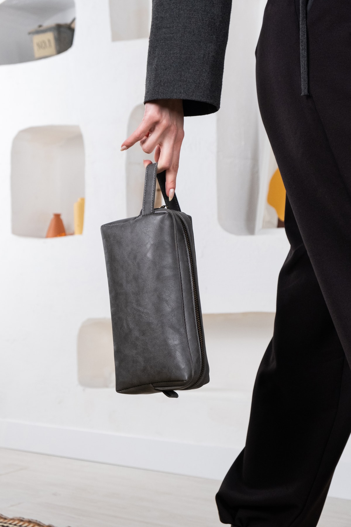 DK LEATHER Erkek Gri Portfoy El Çantası Pu Deri Günlük Seyahat Tıraş ...