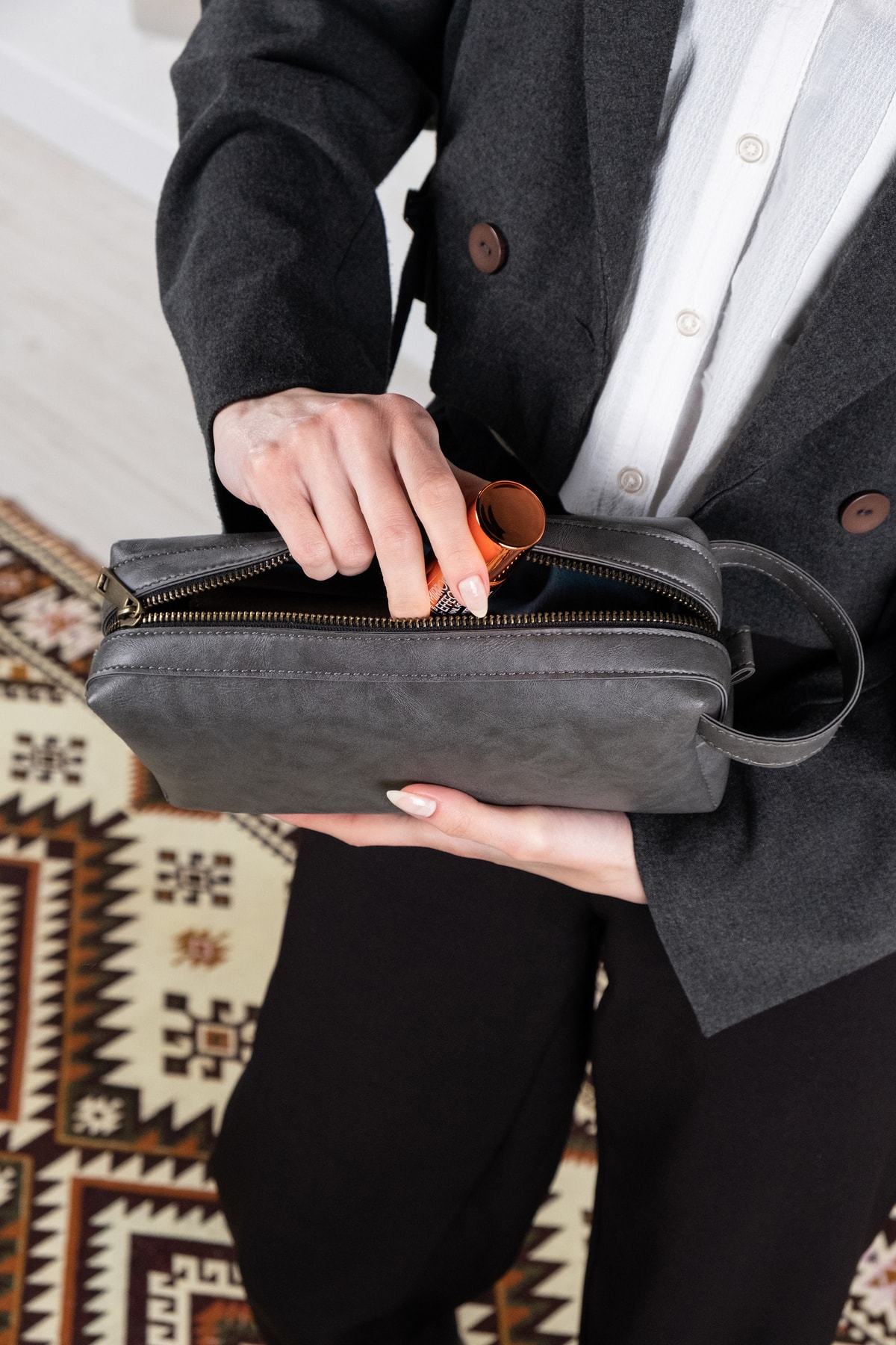 DK LEATHER Erkek Gri Portfoy El Çantası Pu Deri Günlük Seyahat Tıraş ...