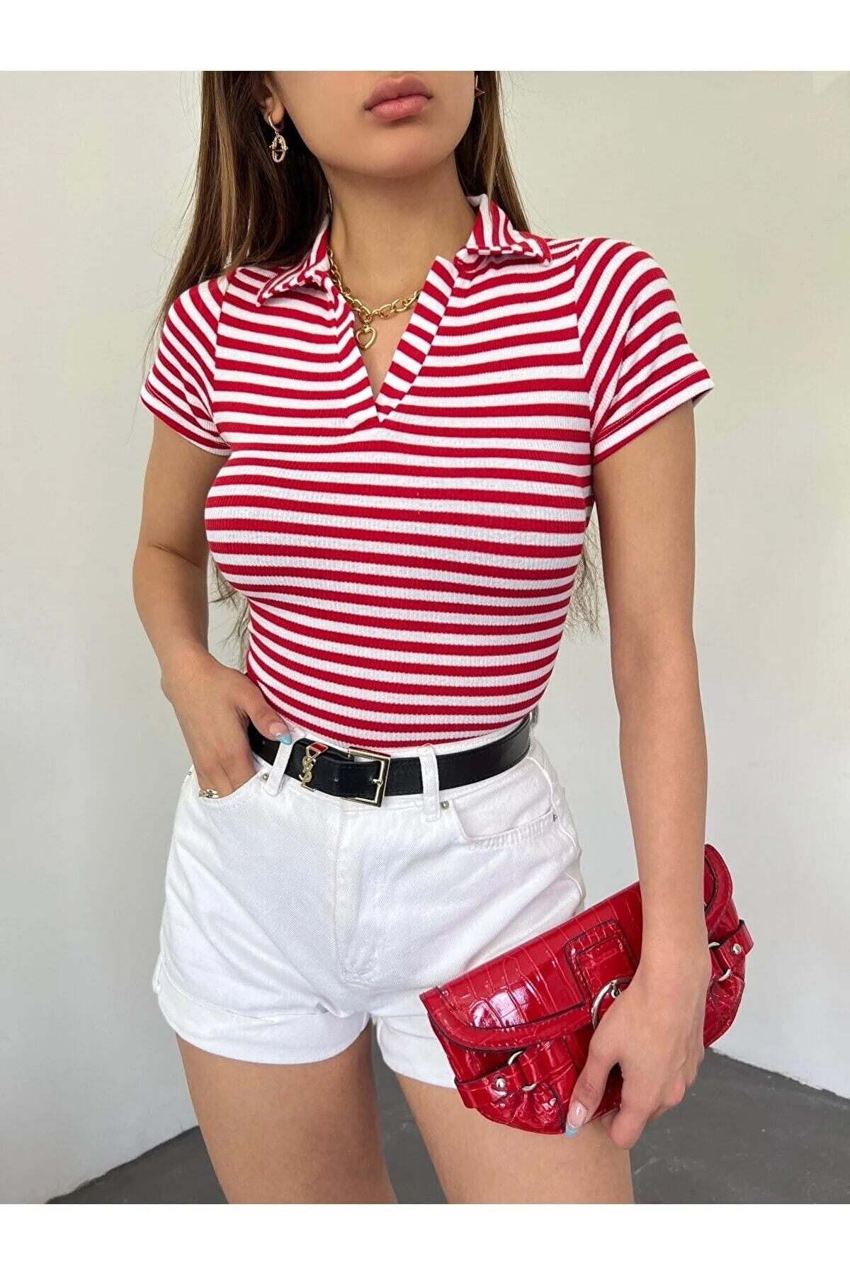 kozzy Fitted/vücuda Oturan Polo Yaka Kısa Kollu Çizgili Kaşkorse Crop ...