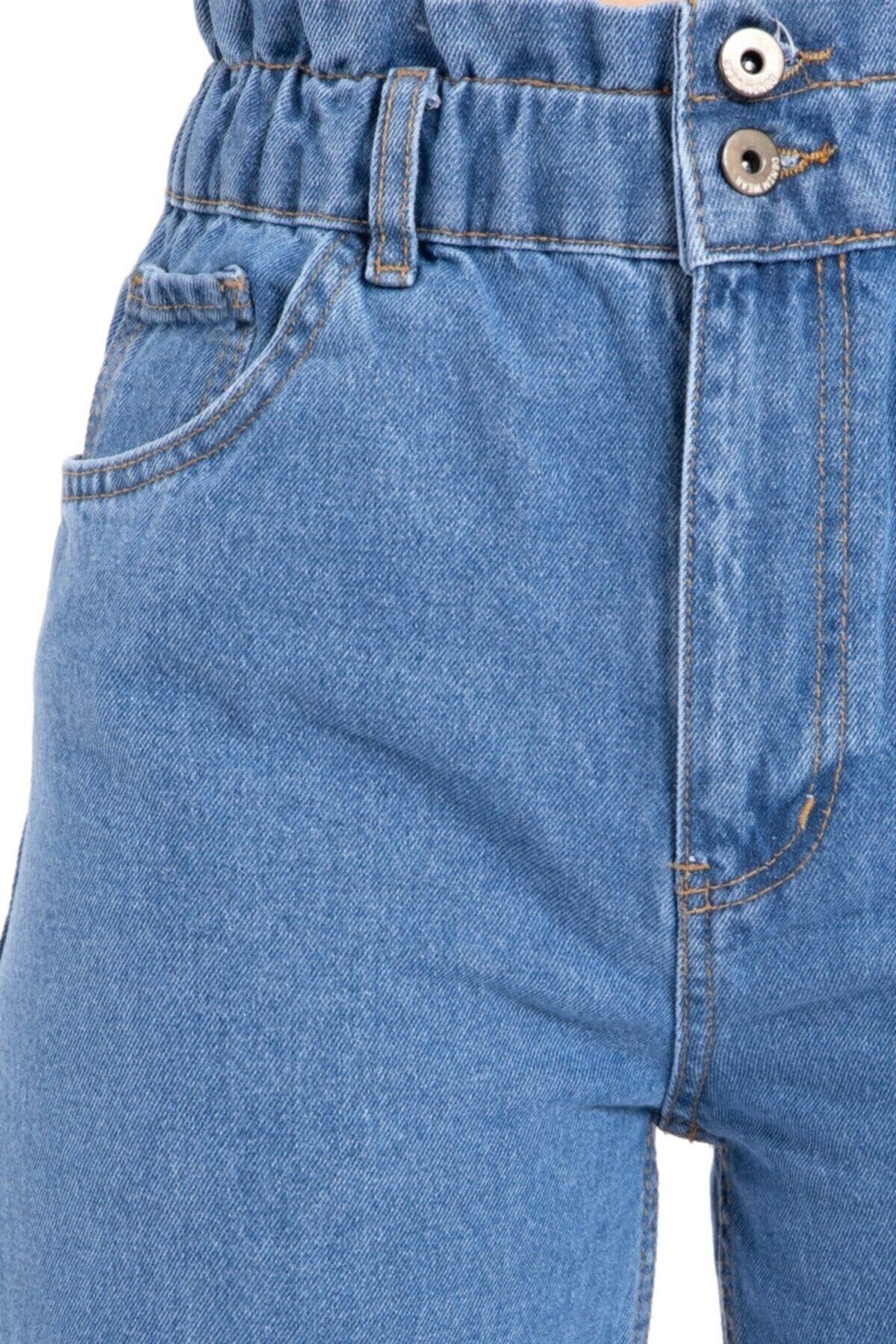 LADY LACK Kadın Açık Mavi Beli Lastikli Çift Düğmeli Yüksek Bel Bol ...